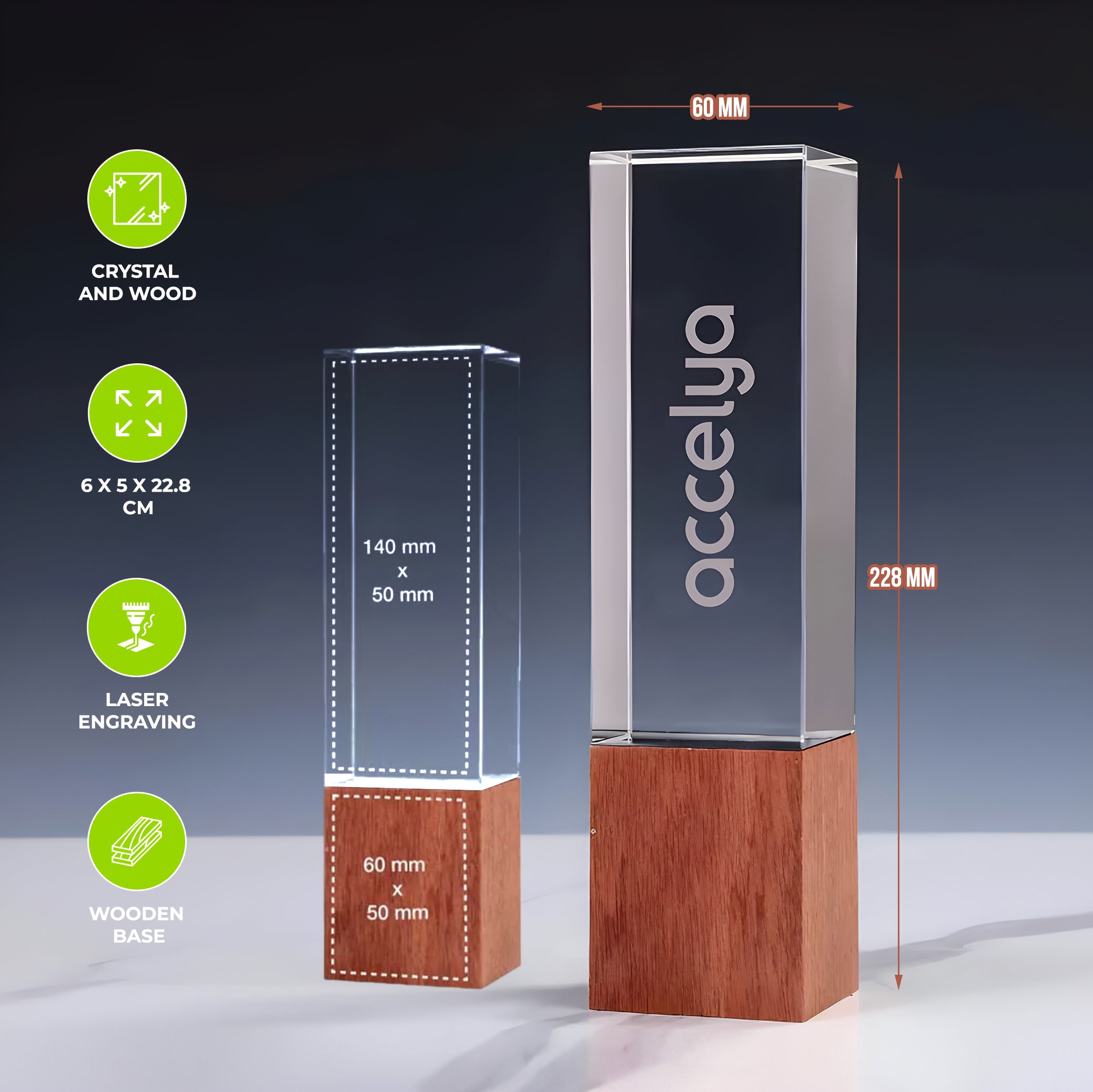 Cuboid Shaped Crystal Award with Wooden Base – Gifto Graphics